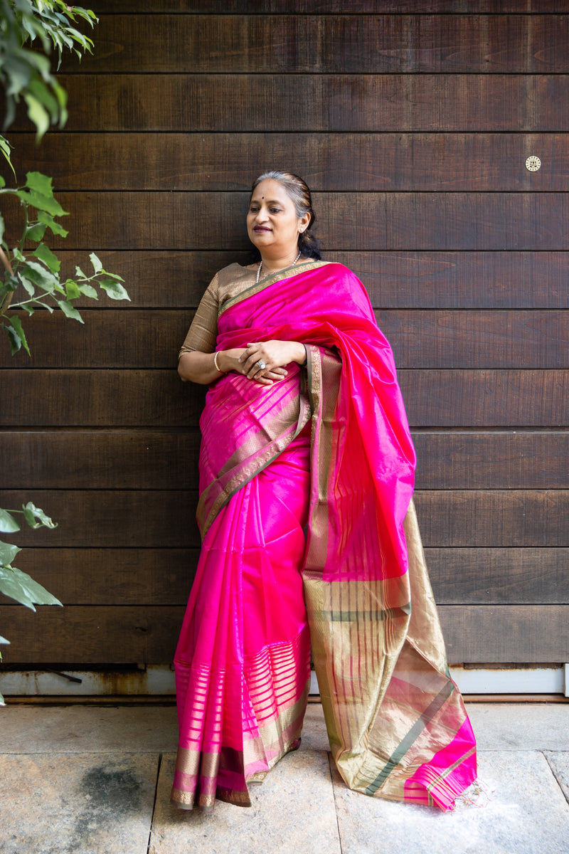 Pink Rui Phool- Pink Pure Silk Handwoven Maheshwari Saree – DiscoverDiva