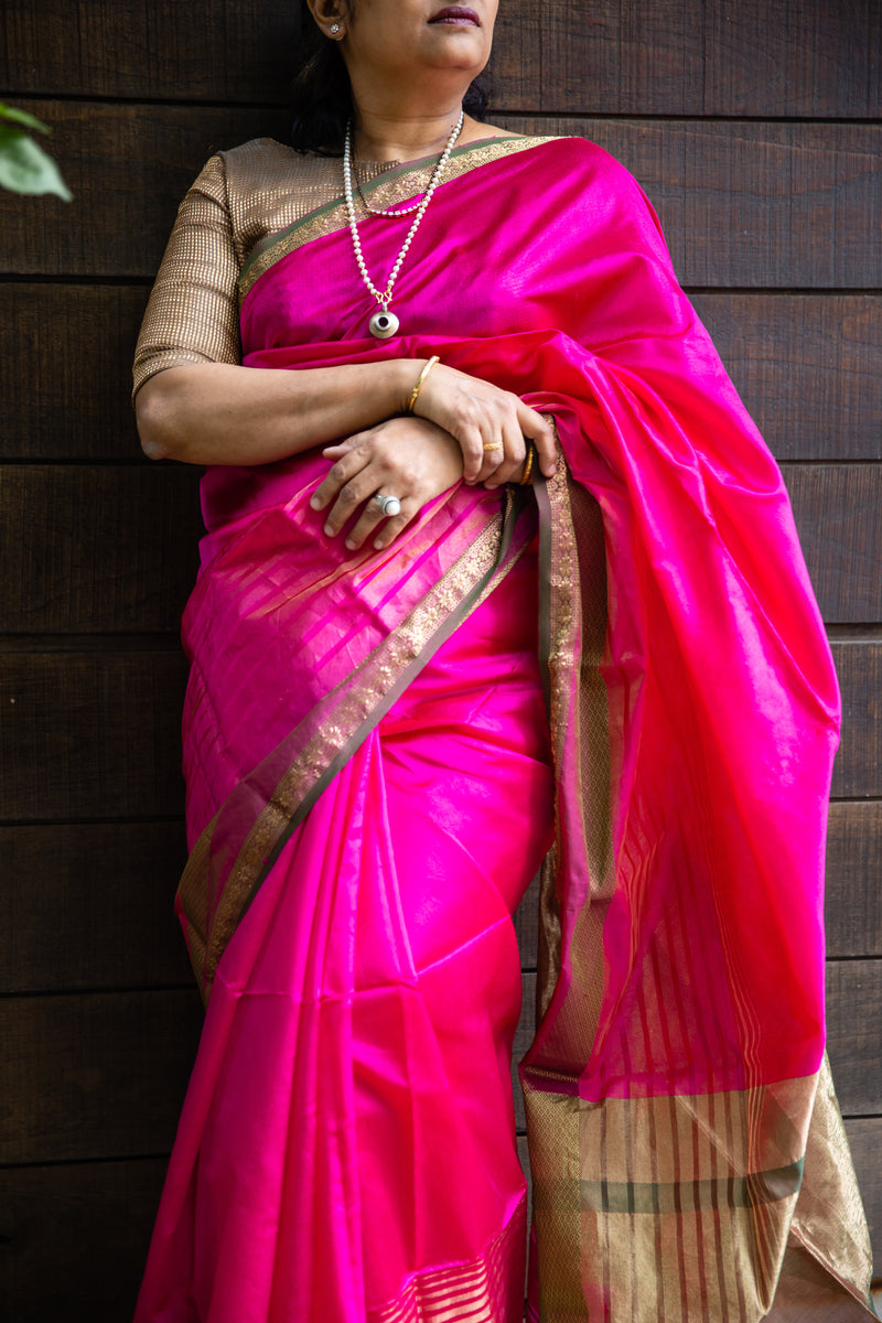 Pink Rui Phool- Pink Pure Silk Handwoven Maheshwari Saree – DiscoverDiva