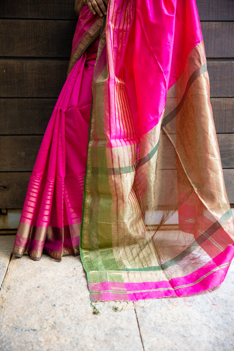 Pink Rui Phool- Pink Pure Silk Handwoven Maheshwari Saree – DiscoverDiva